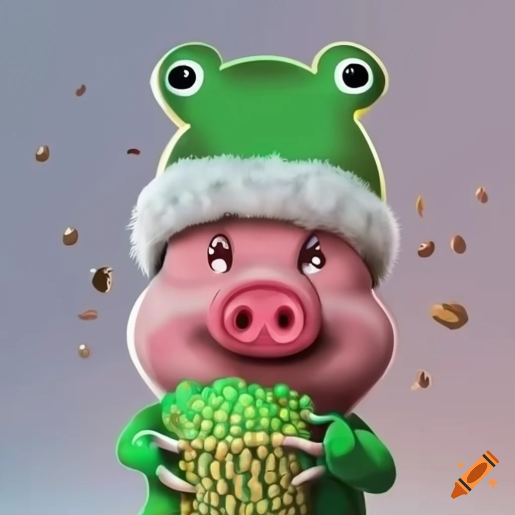 Cartoon pig with frog hat eating popcorn on Craiyon