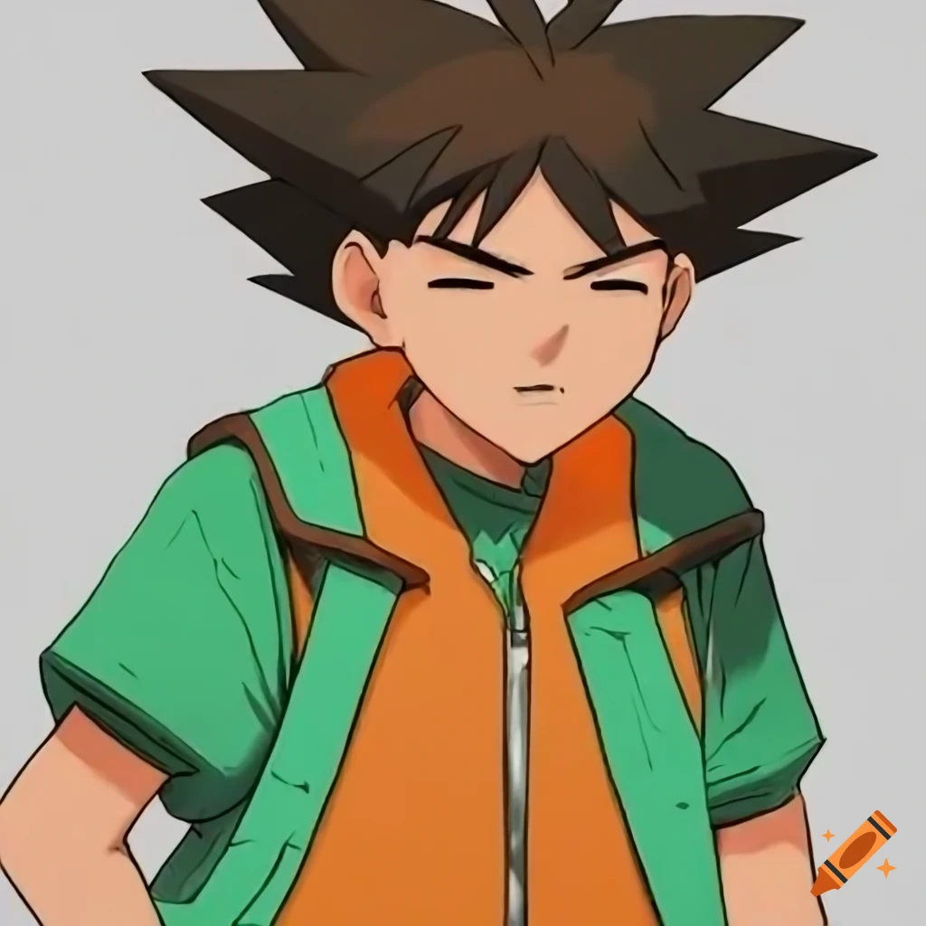 Brock from Pokemon in orange vest over a green shirt on Craiyon