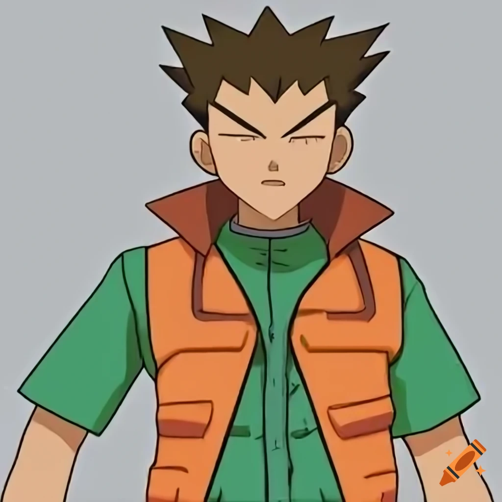 Brock from pokemon in orange vest and green shirt on white background ...