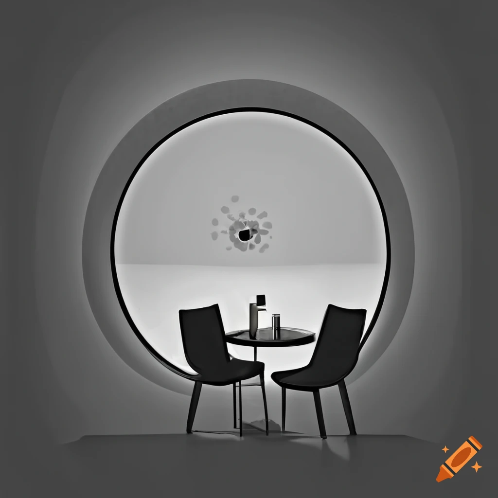 Contemporary minimalist cafe with a zen round window overlooking a ...