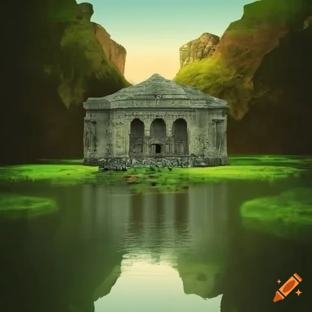 Stone-built medieval temple surrounded by man-made ponds in barren ...