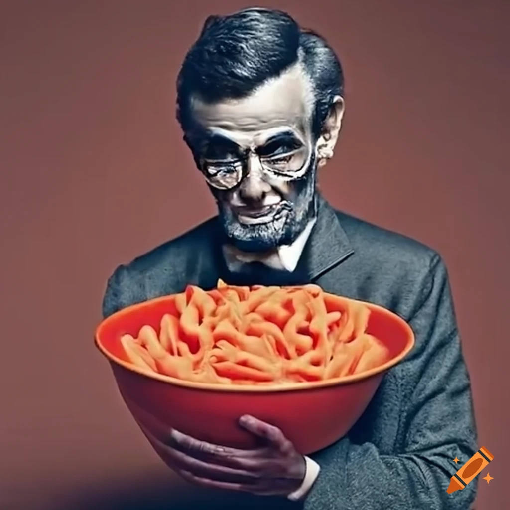 Abe Lincoln dropping a bowl of Cheetos in a horrified manner on Craiyon