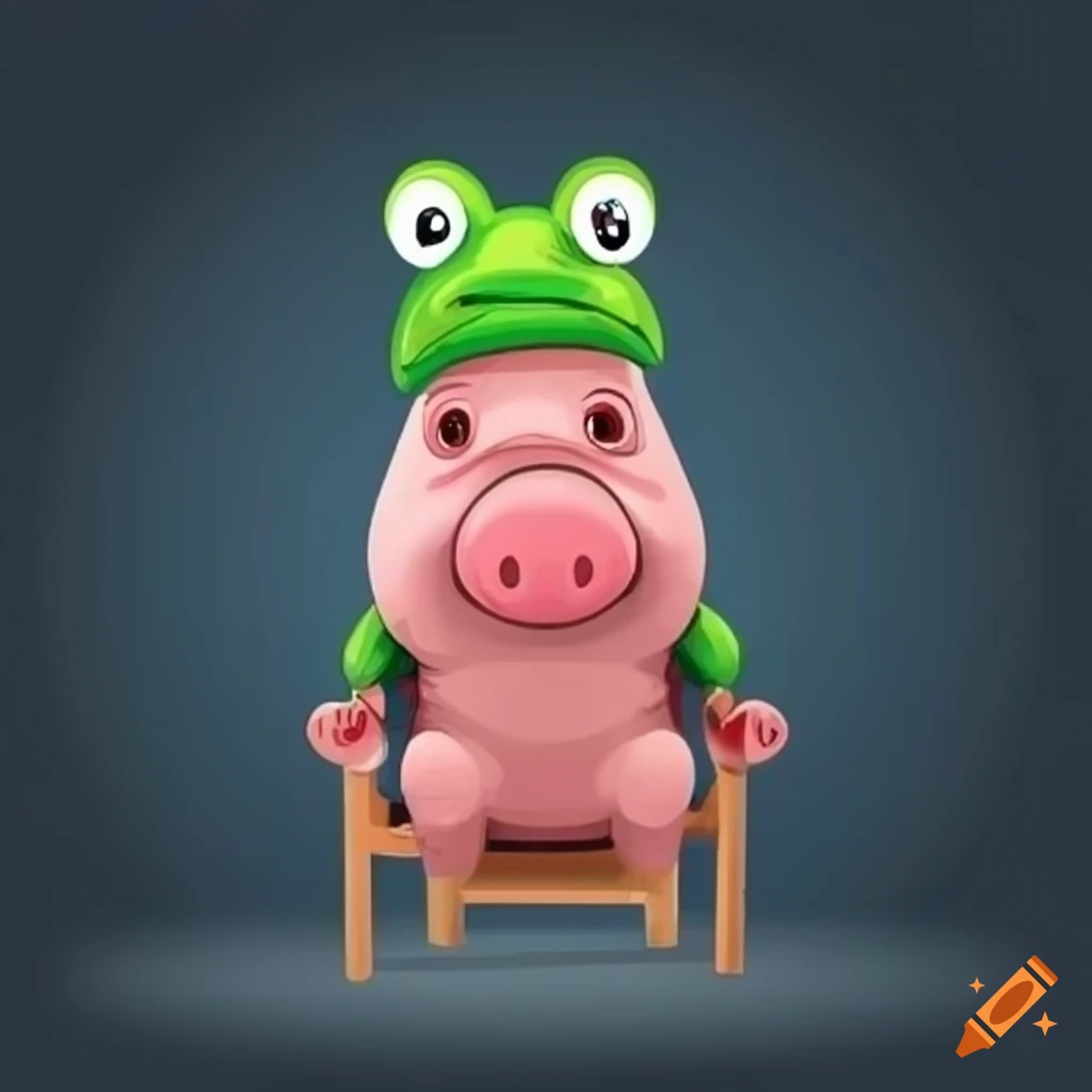 Cartoon pig in frog hat sitting on chair on Craiyon