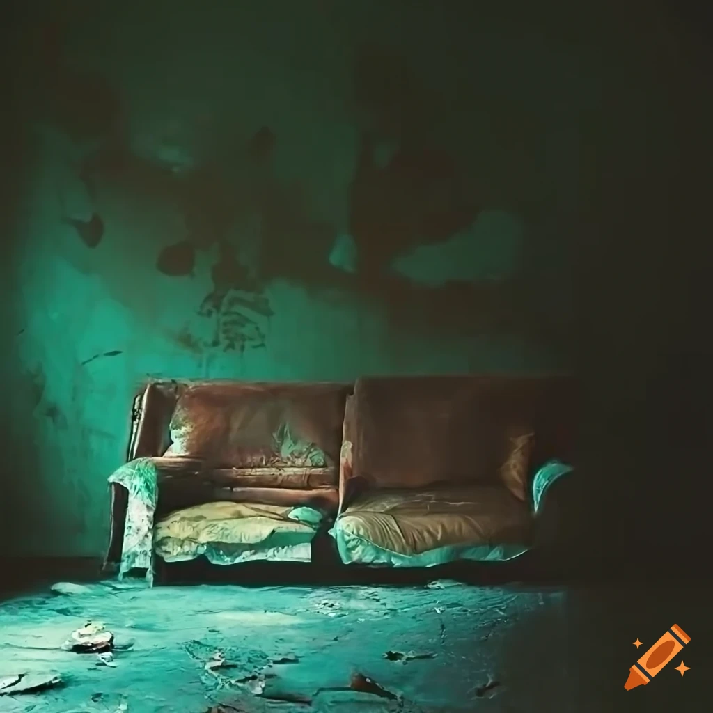 Abandoned room with peeling wallpaper and defaced painting on Craiyon