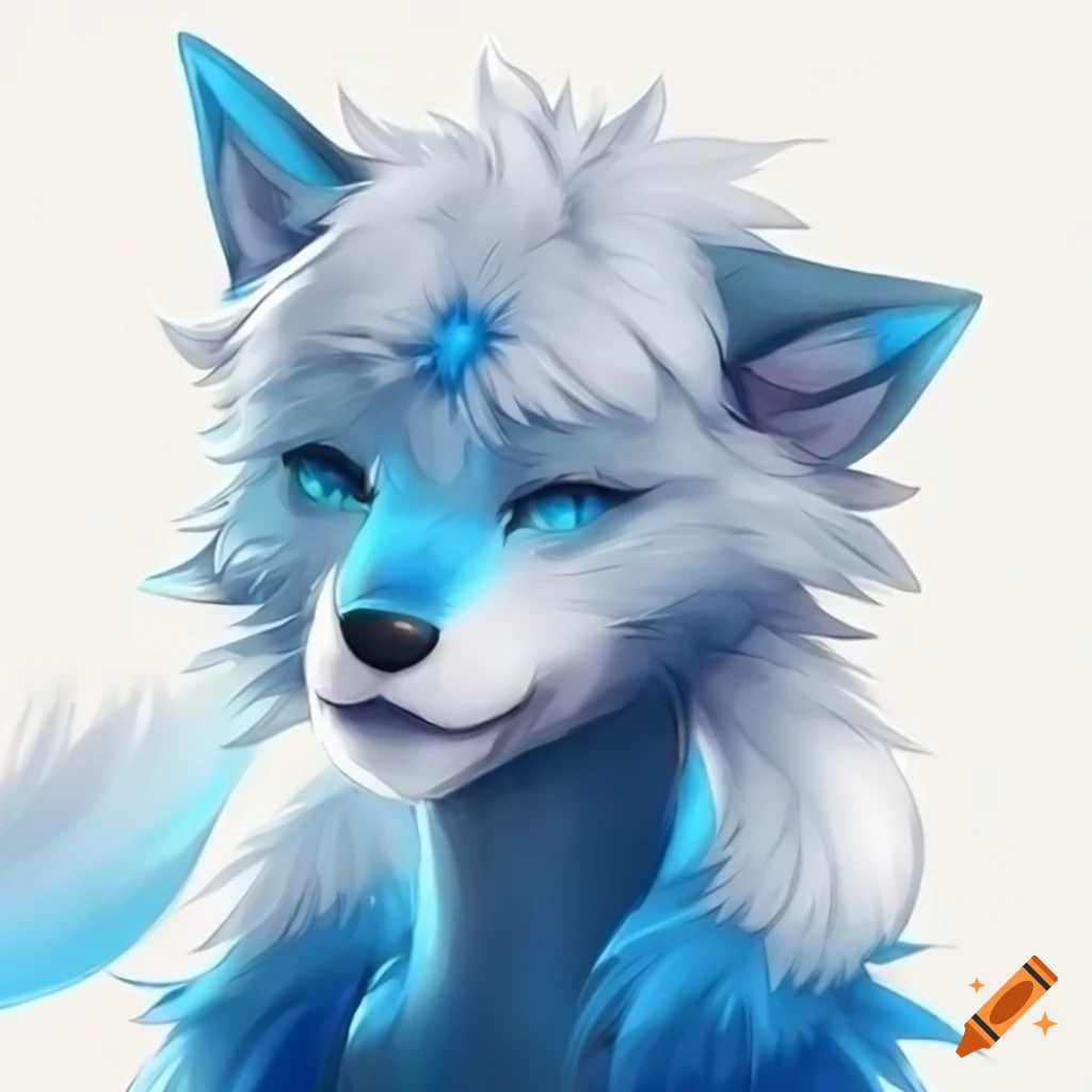 Cute white-haired male anime wolf with blue accents on Craiyon