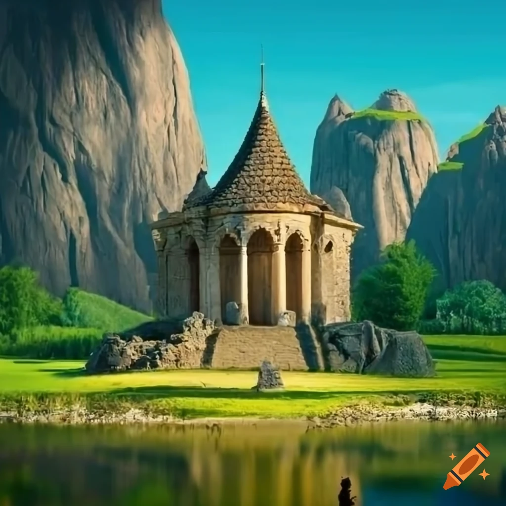 Stone-built medieval temple in barren rocky landscape with man-made ...