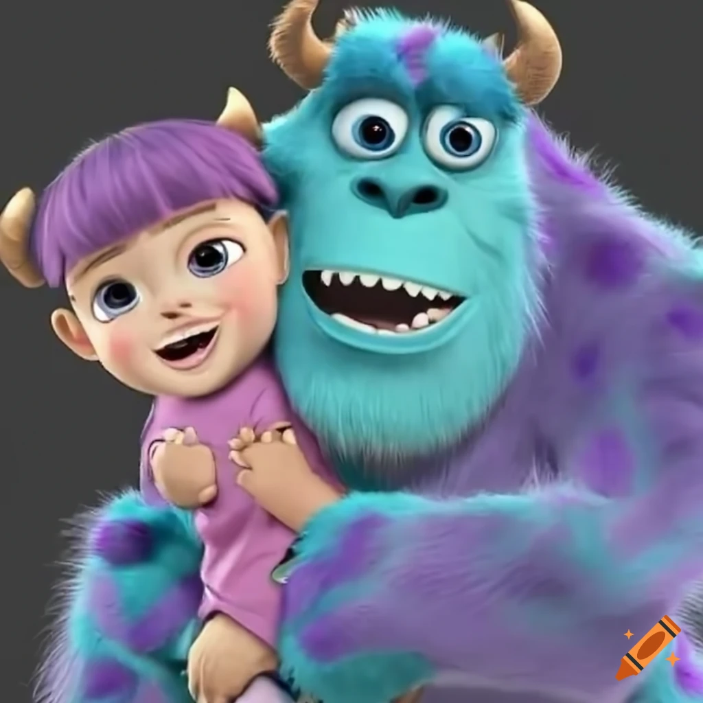 Sully and boo embracing in a scene from monsters inc. animation on Craiyon