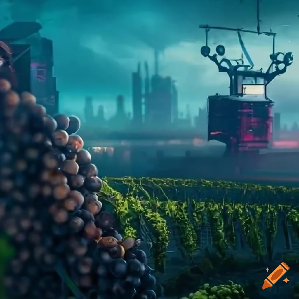 Advanced grape harvesting machine in a futuristic vineyard with cyberpunk cityscape under heavy ...