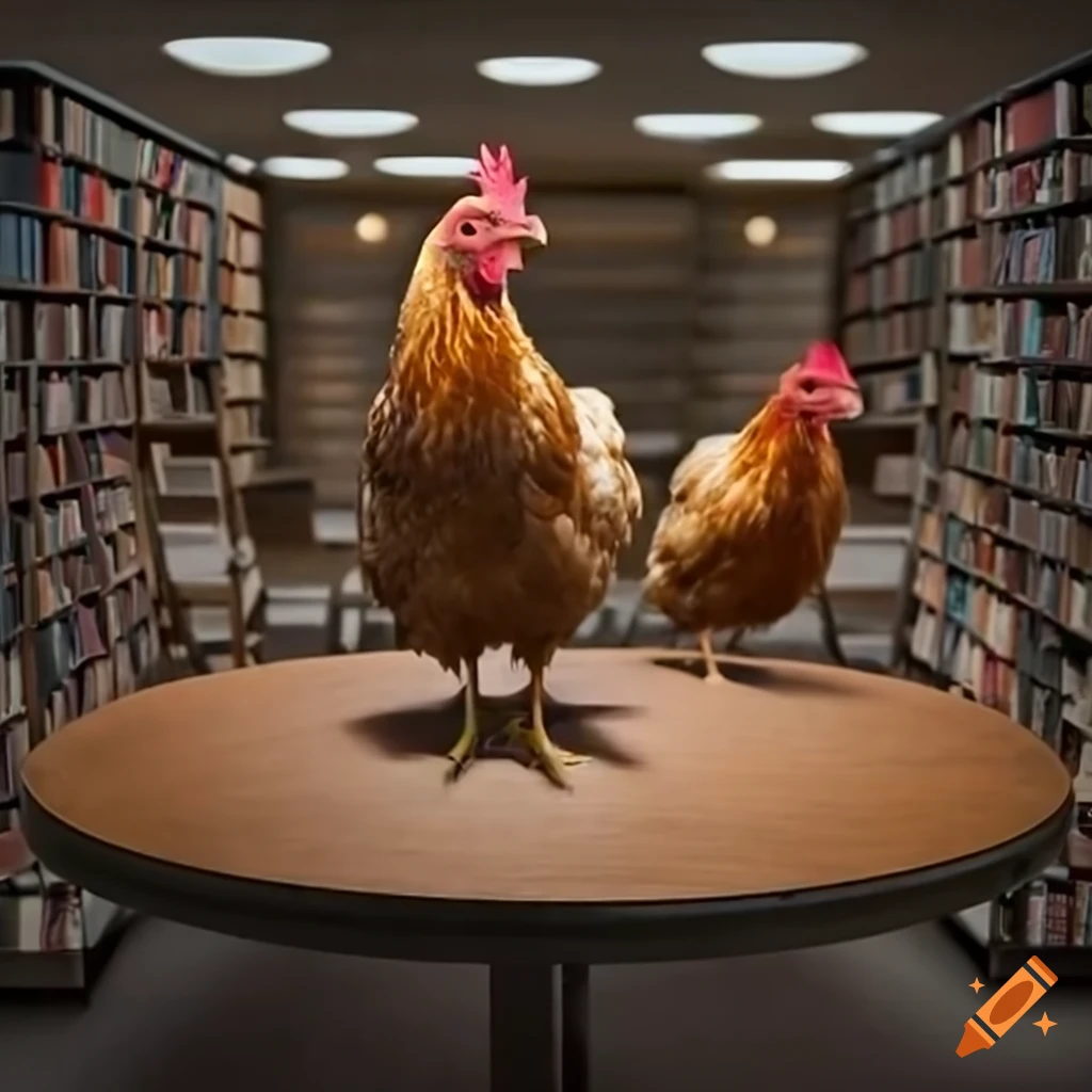 Chickens discussing literature around a table in a library on Craiyon