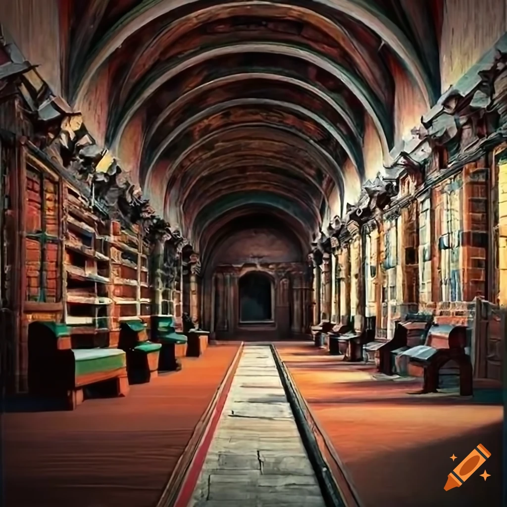 Old monastery library with arched wooden door in courtyard surrounded ...