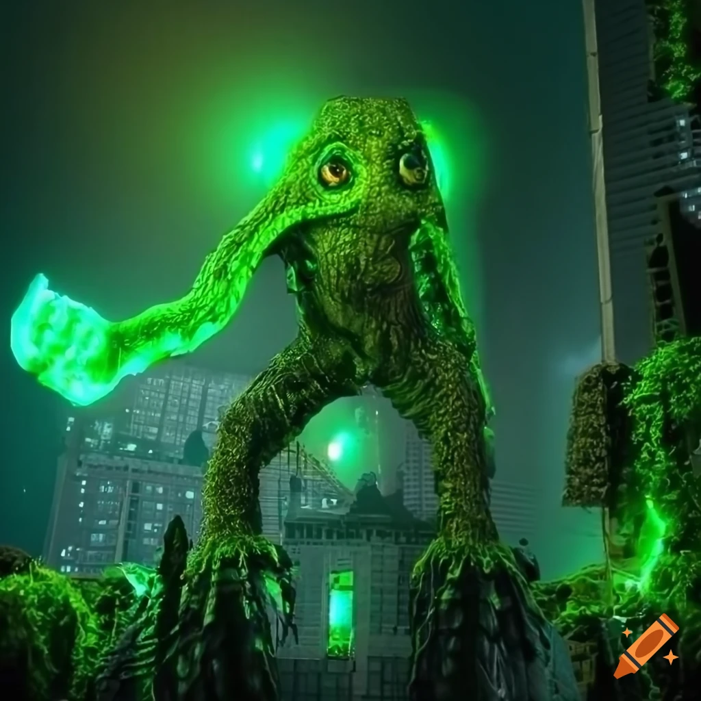 Glowing biopunk cityscape with biological energy sources and cyborg ...