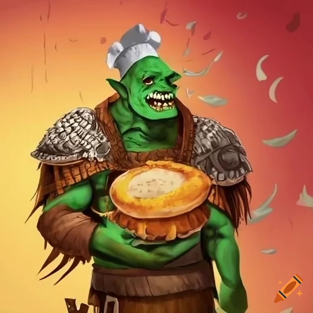 Orc warrior and smiling chef sharing a pie in a magical pie shop on a ...