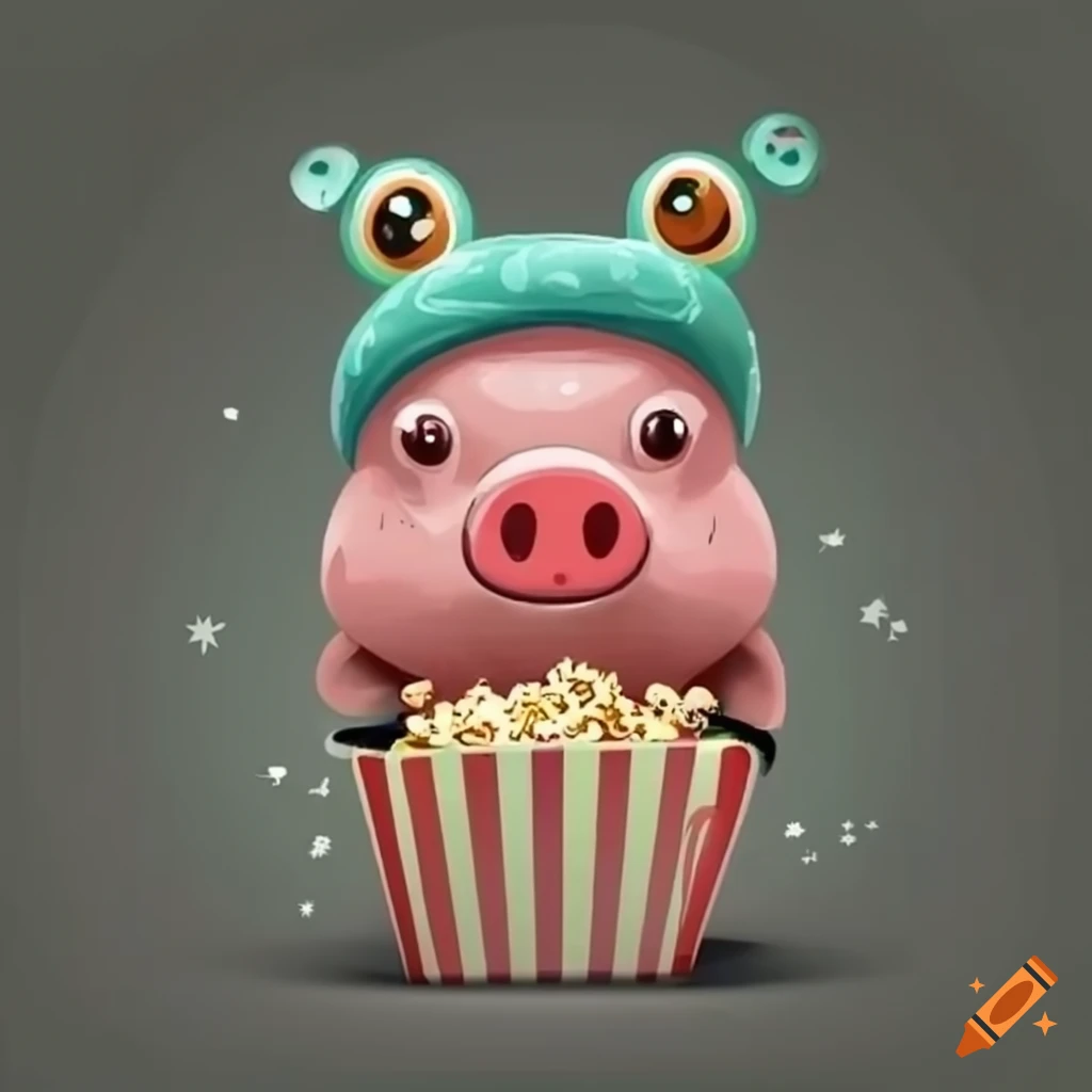 Cartoon pig with frog hat eating popcorn on Craiyon
