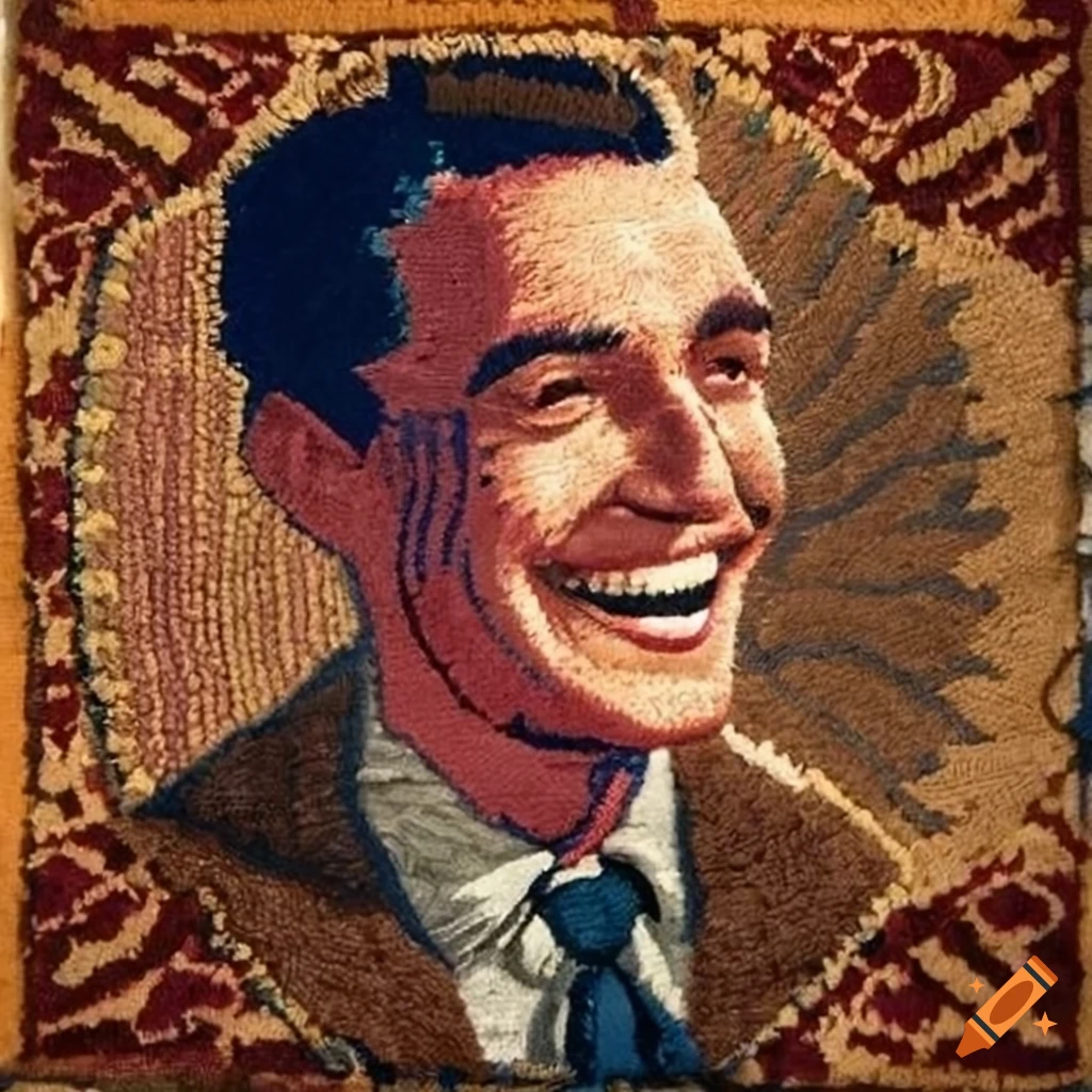 Young hollywood gene kelly smiling in hooked rug style on Craiyon