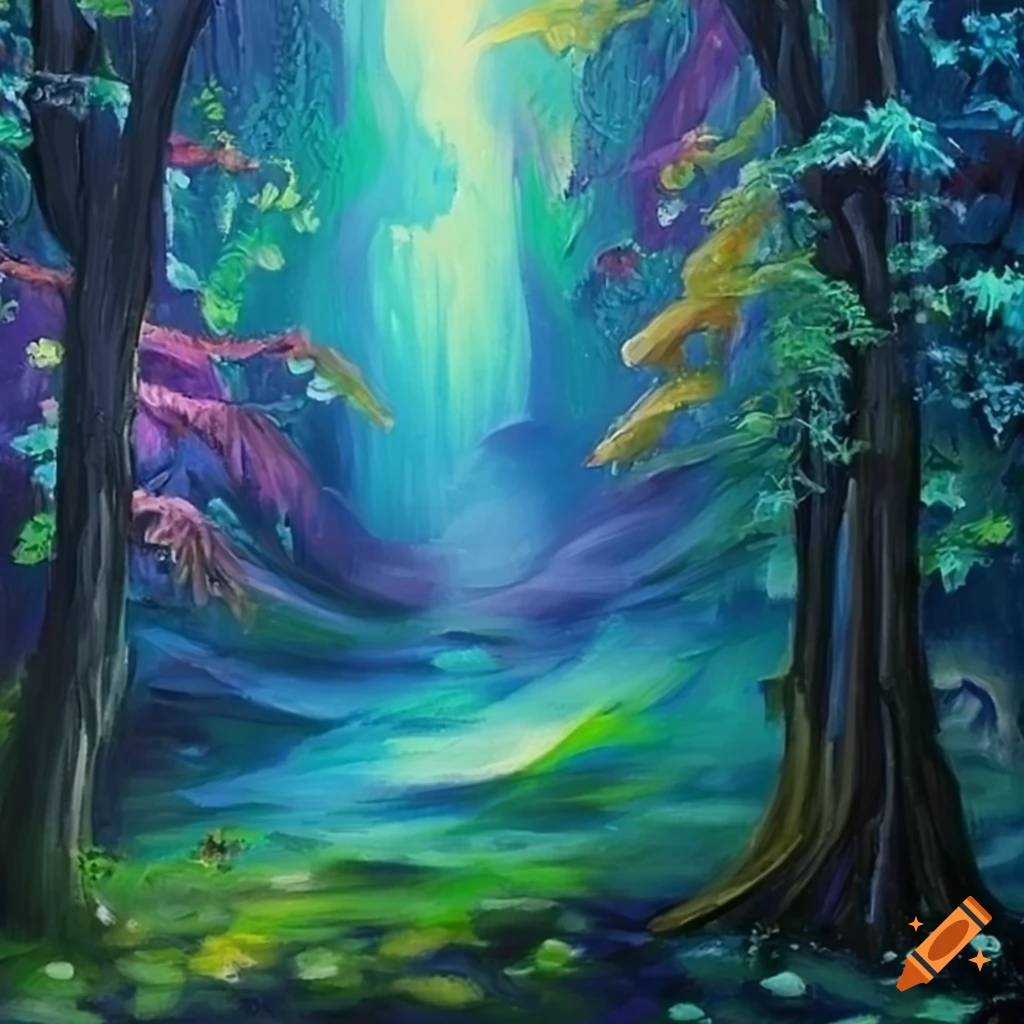 Enchanted forest landscape in a fantasy acrylic painting on Craiyon