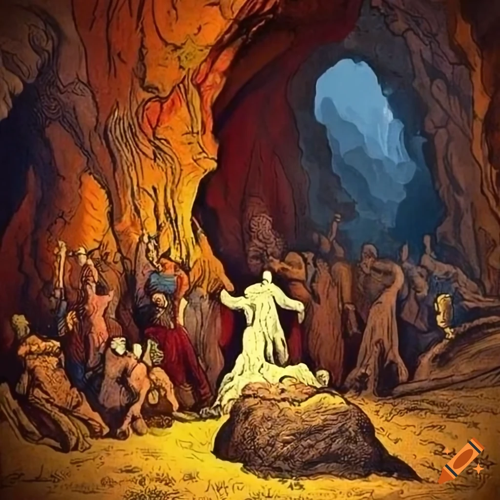Vimes entering the cave in Koom Valley in the style of Gustave Doré on ...