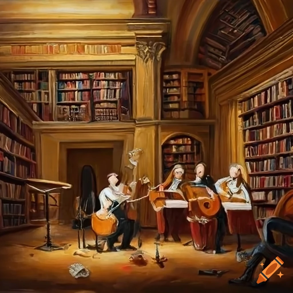 Inspired oil painting of a library with floating music instruments on ...