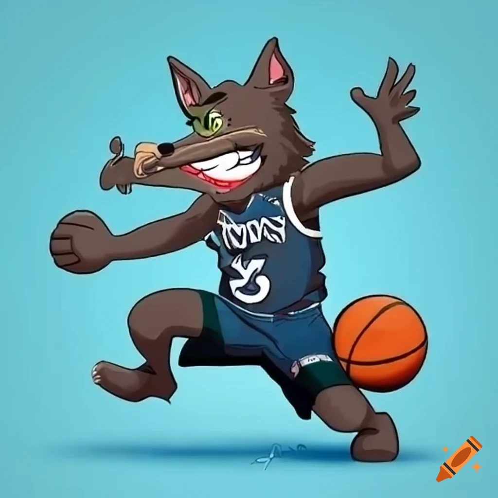 Cartoon wolf playing basketball in a timberwolves jersey on Craiyon