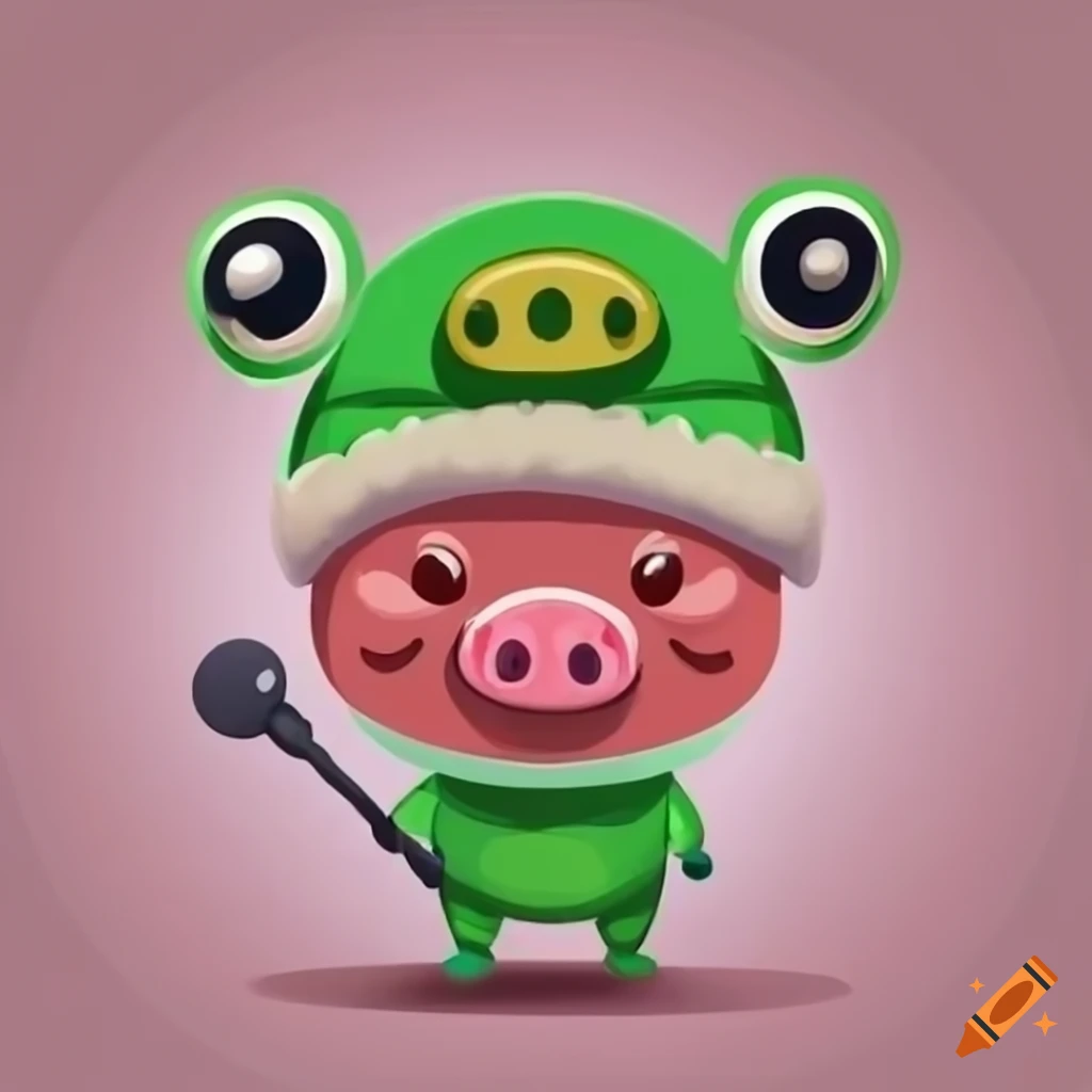 Cartoon pig in frog hat with microphone on Craiyon