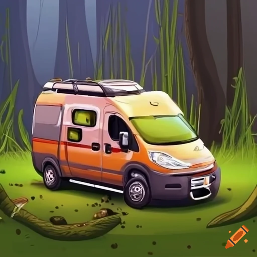 Cartoon winnebago travato on grass on Craiyon