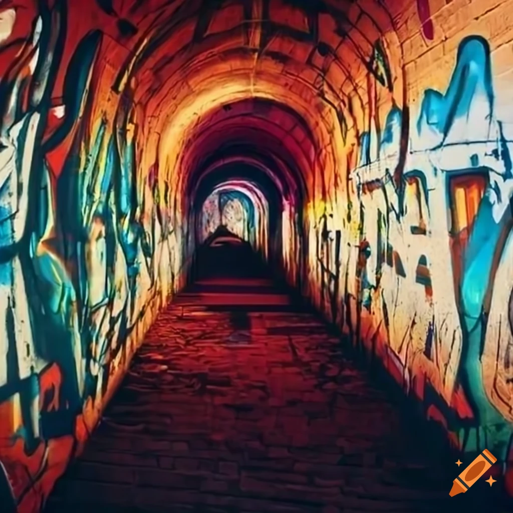 Tunnel with graffiti covered walls on Craiyon