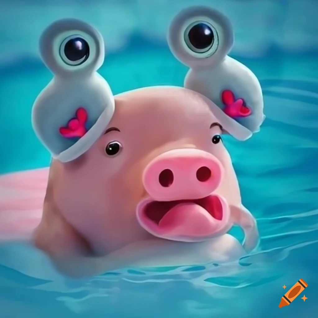 Adorable cartoon pigs in frog-shaped winter hats at swimming pool on ...