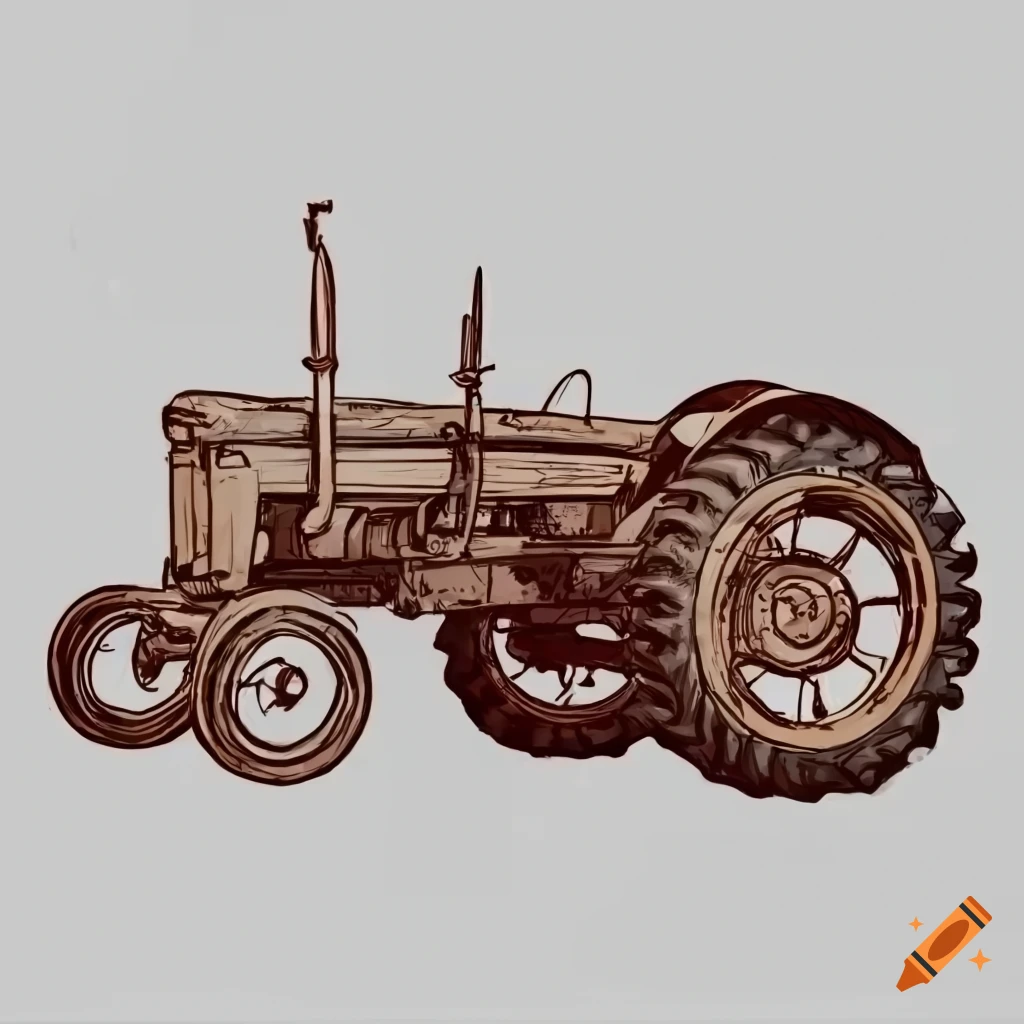 Line drawing of an old tractor in a field on Craiyon