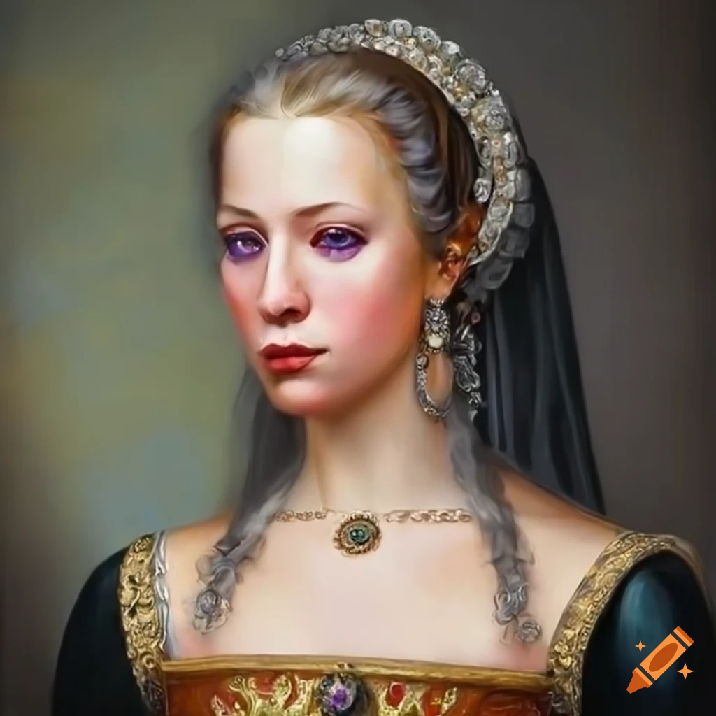 Portrait of a noblewoman with silver-gold hair and violet eyes on Craiyon