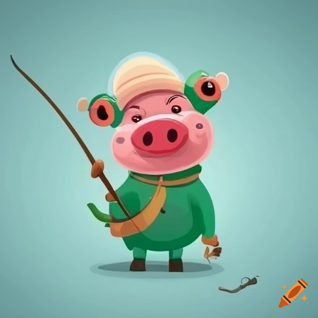 Cartoon pig in a frog hat fishing on Craiyon