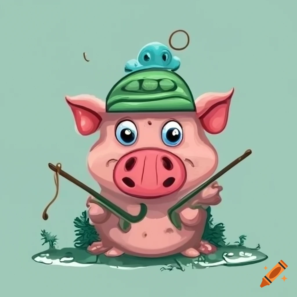 Cartoon pig in frog hat fishing on Craiyon