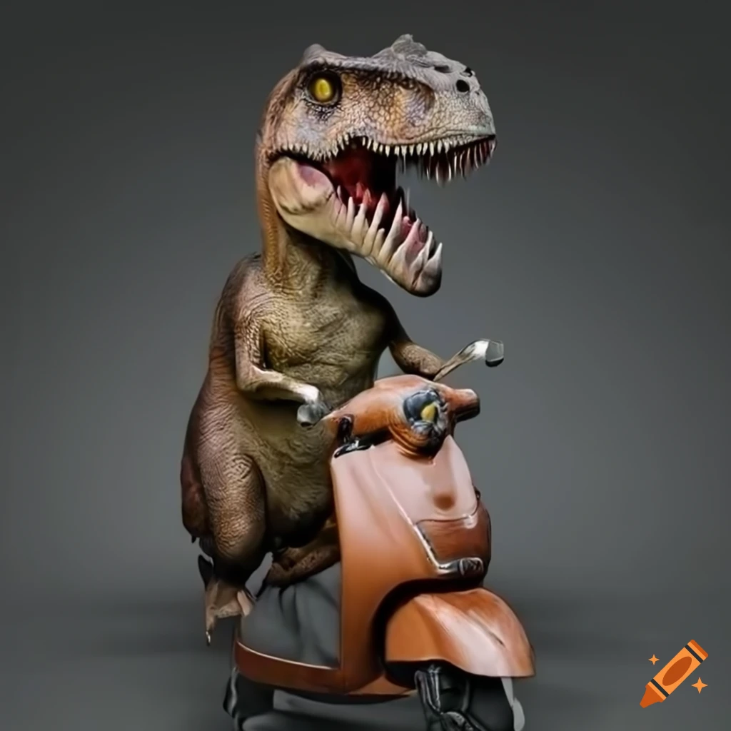 Tyrannosaurus rex sitting on a scooter with hands on the handlebars on ...