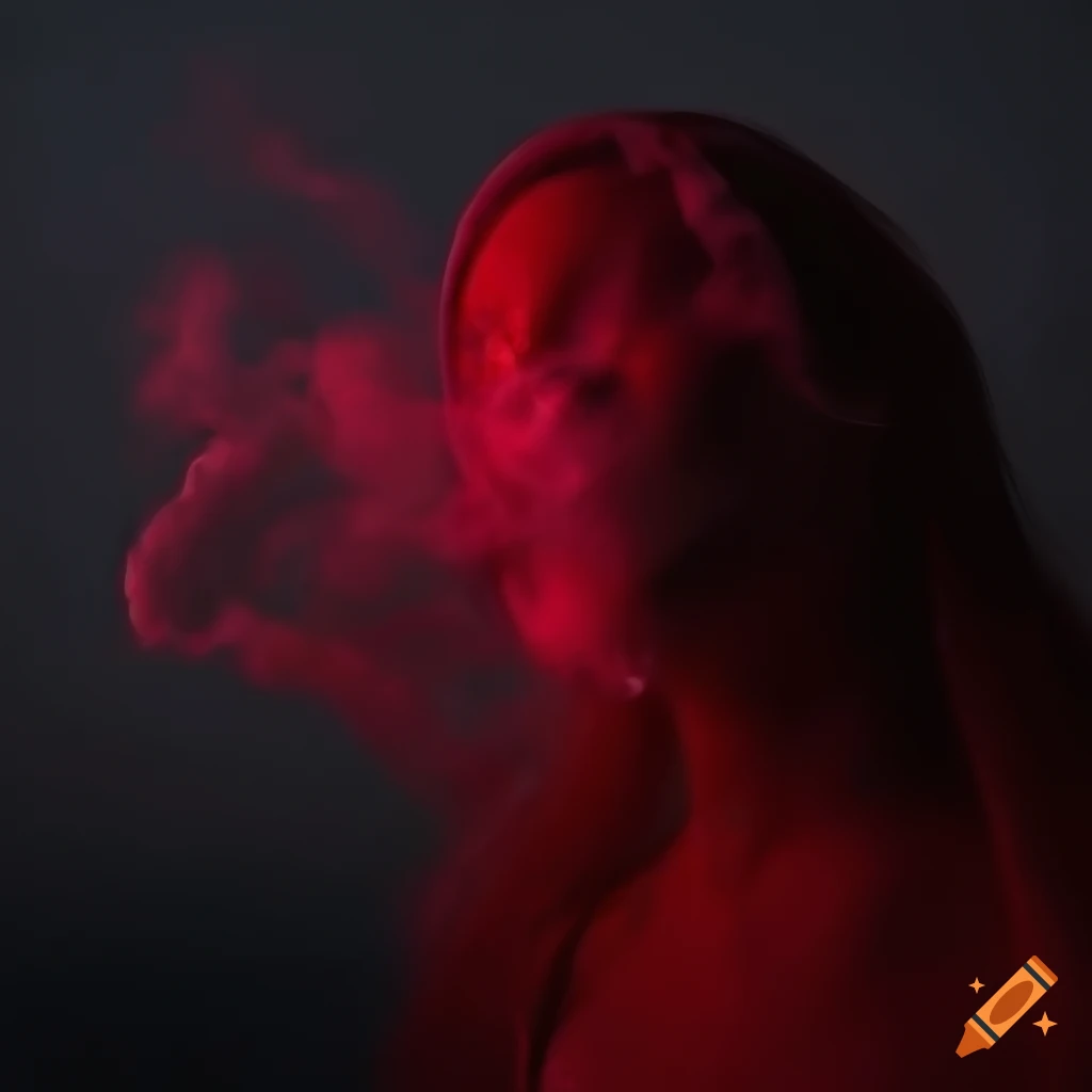 Faceless girl with red smoke and broken crosses under a distorted sky ...