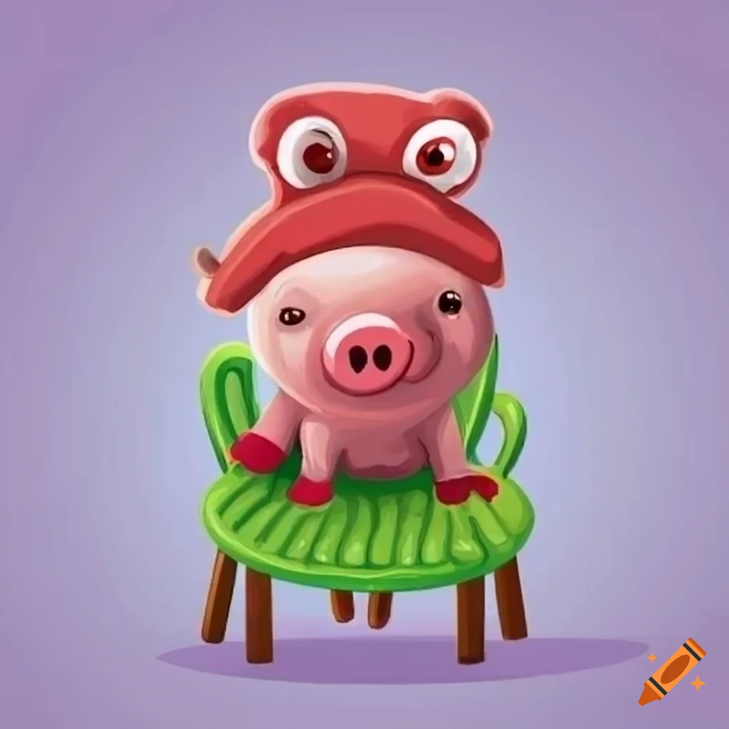 Cartoon pig wearing frog-shaped winter hat sitting on chair on Craiyon