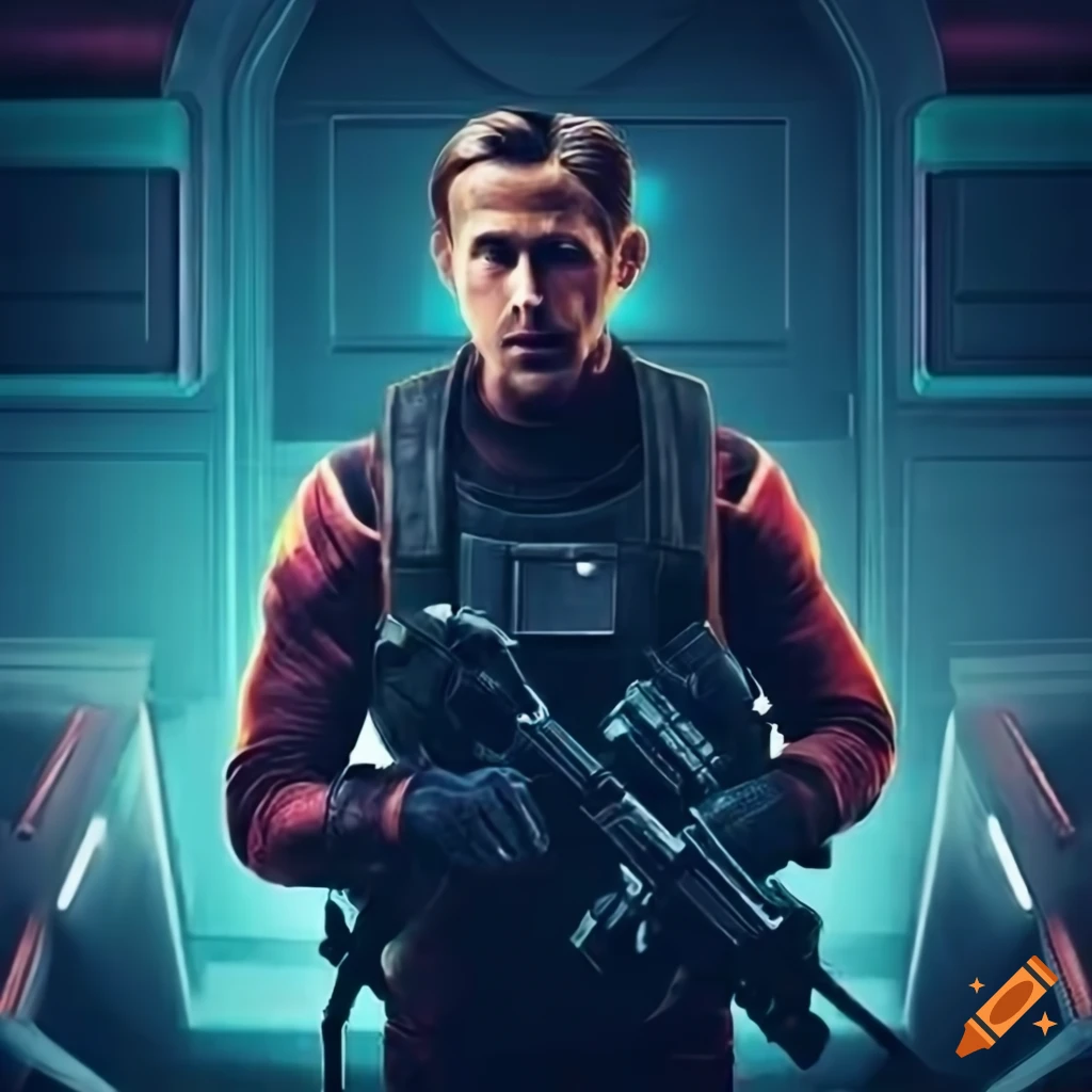 Ryan gosling as aerospace paramilitary astronaut soldier in a star trek ...