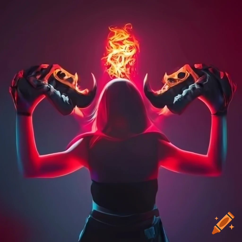 Edgy female gamer with demon accessories against a neon red and black ...