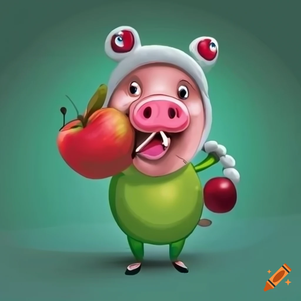 Cartoon pig in frog-shaped hat eating an apple on Craiyon