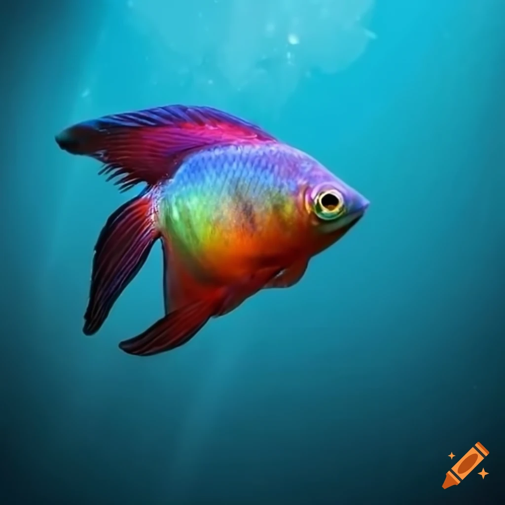 Rainbow fish with glowing pink eyes and long tail on Craiyon