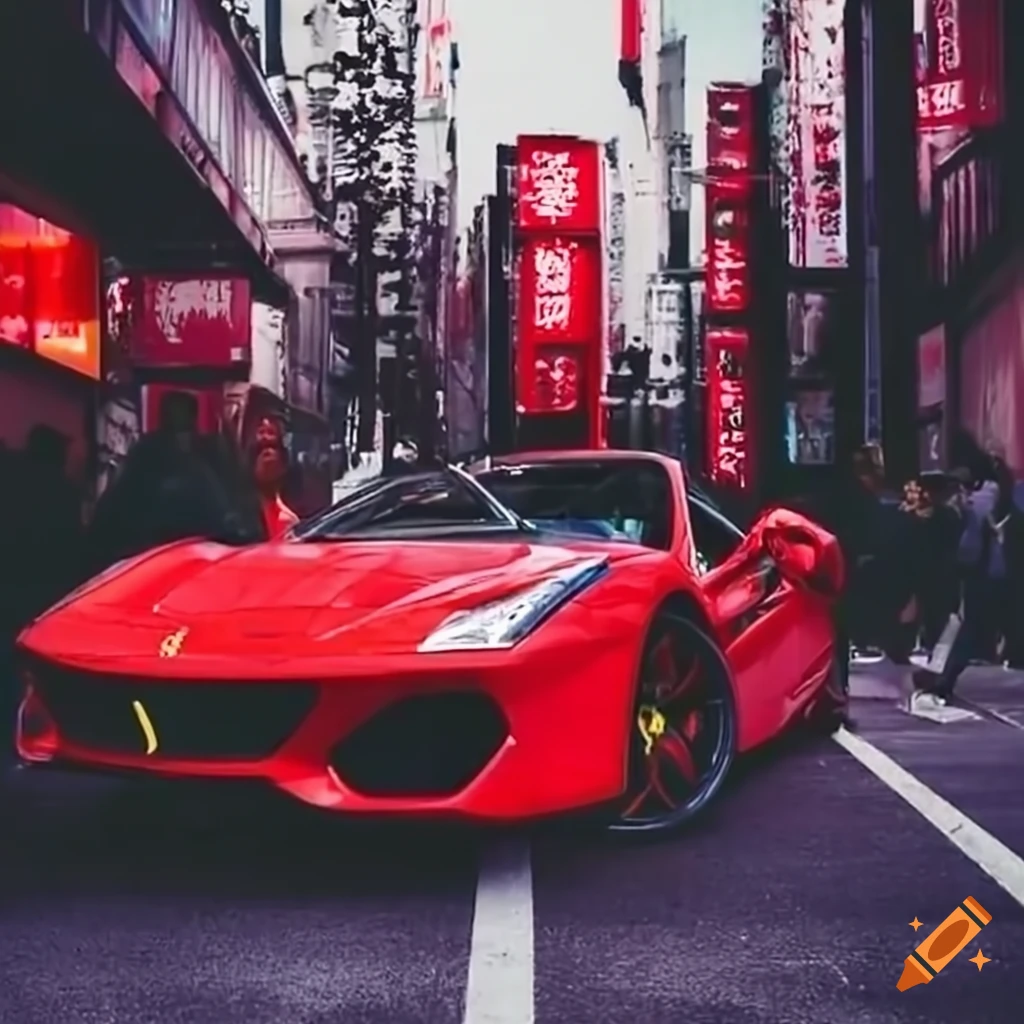 Red ferrari car on tokyo street on Craiyon