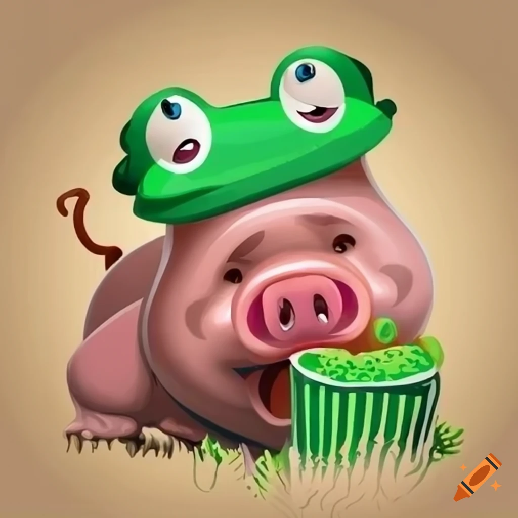Cartoon pig with frog hat eating popcorn on Craiyon