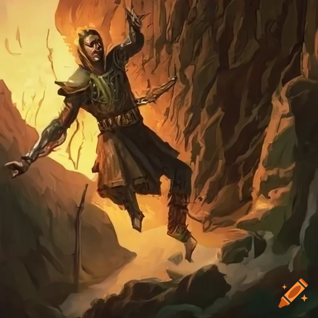 Earthquake causing sinkhole with warrior falling in a fantasy setting ...