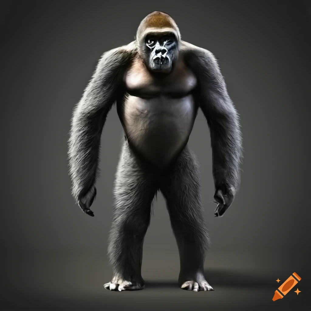 Slim gorilla standing upright in a front view on Craiyon