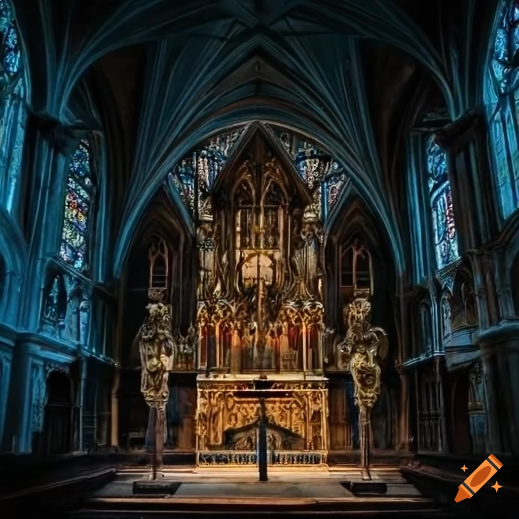 Ornate gothic church interior with gargoyle carvings and dark altar on ...