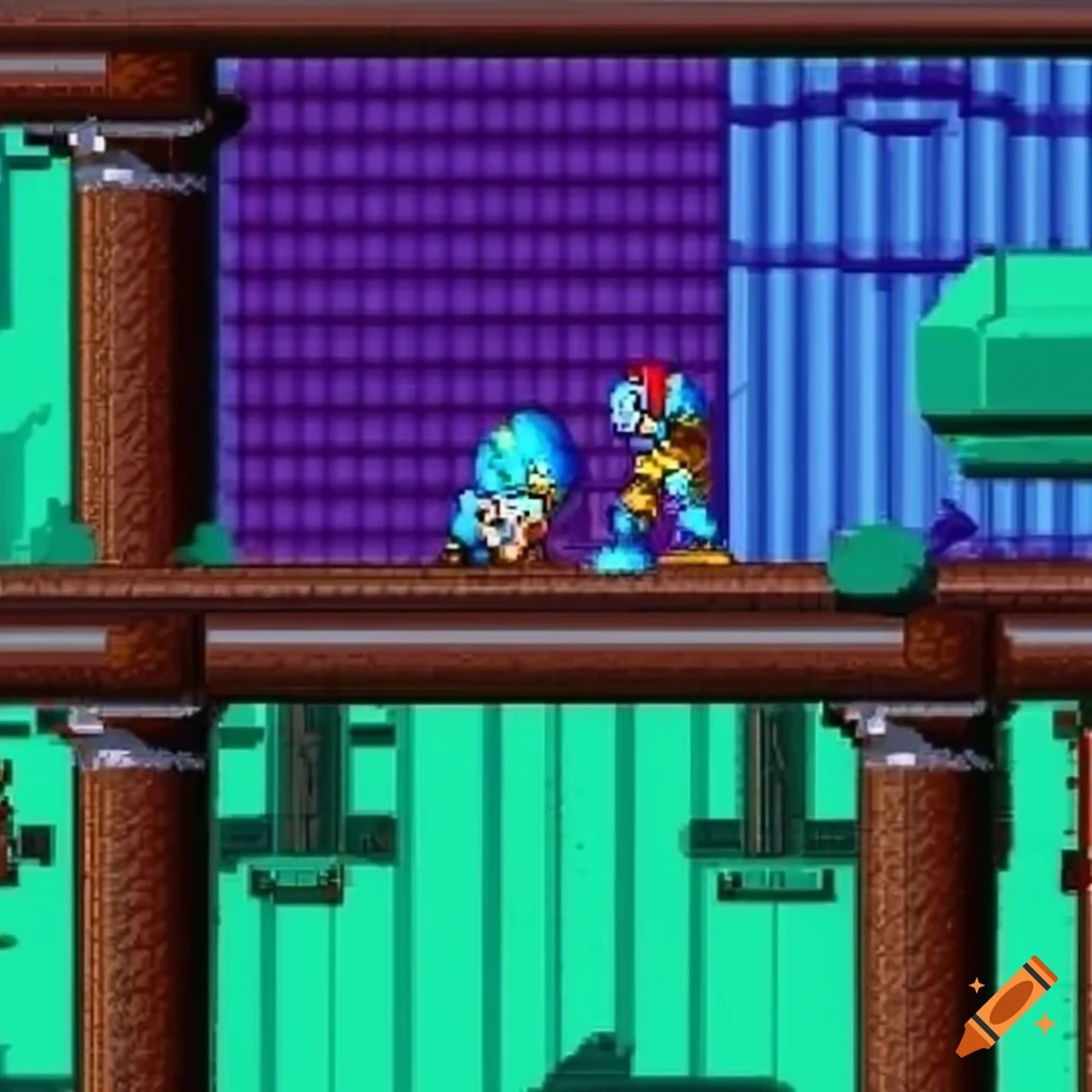 Retro-style 2d platform game environment inspired by mega man on Craiyon