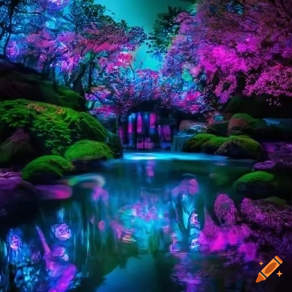 Cyberpunk fusion of cherry blossoms and neon signs in a japanese garden ...