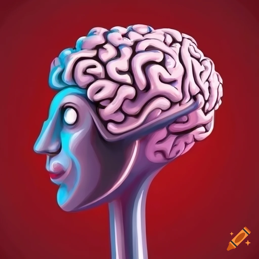 2D cartoon of a steel brain on a light red background on Craiyon