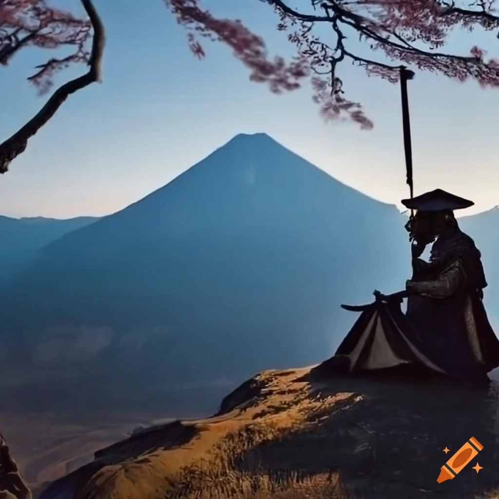 Samurai sitting and writing while overlooking a japanese mountain on ...
