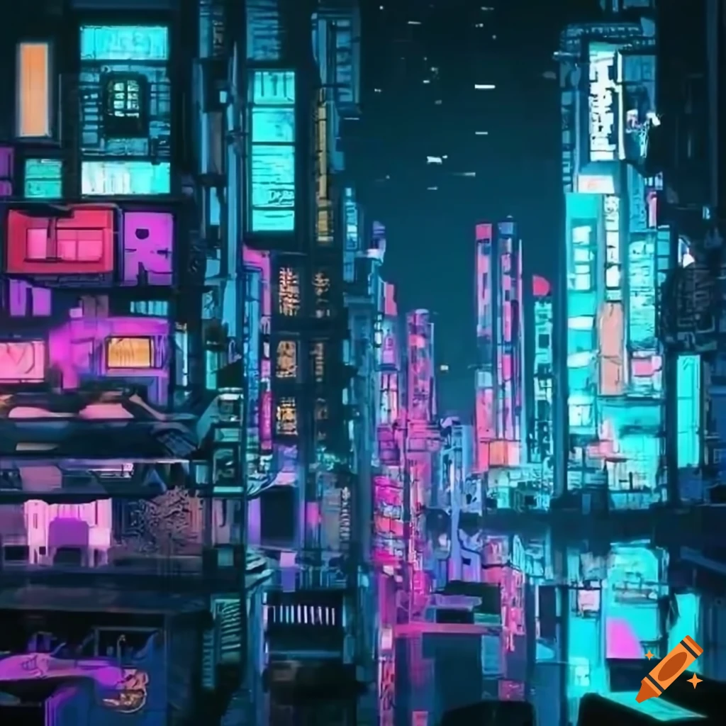 Night scene of an asian city in a nostalgic futuristic cyberpunk style ...