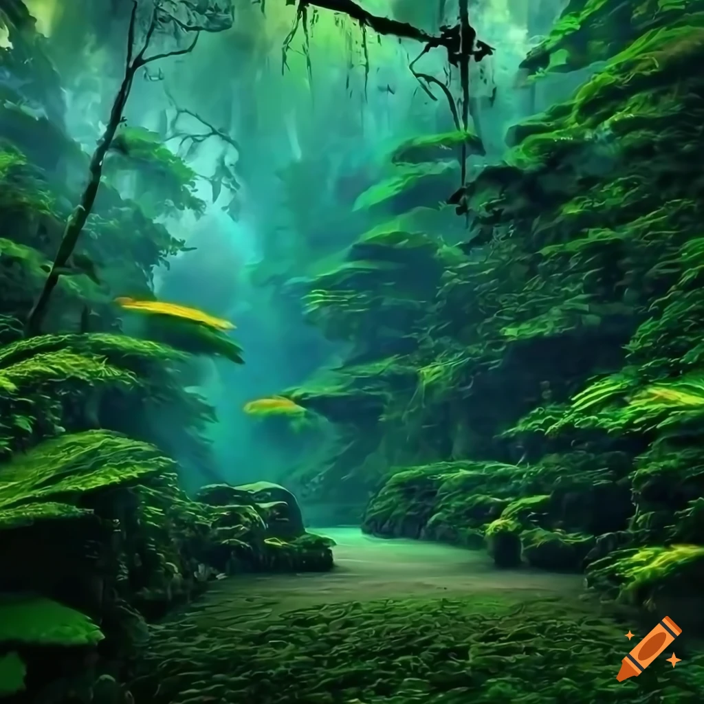 Green dark rainforest with a golden temple in ultra HD fantasy art on Craiyon
