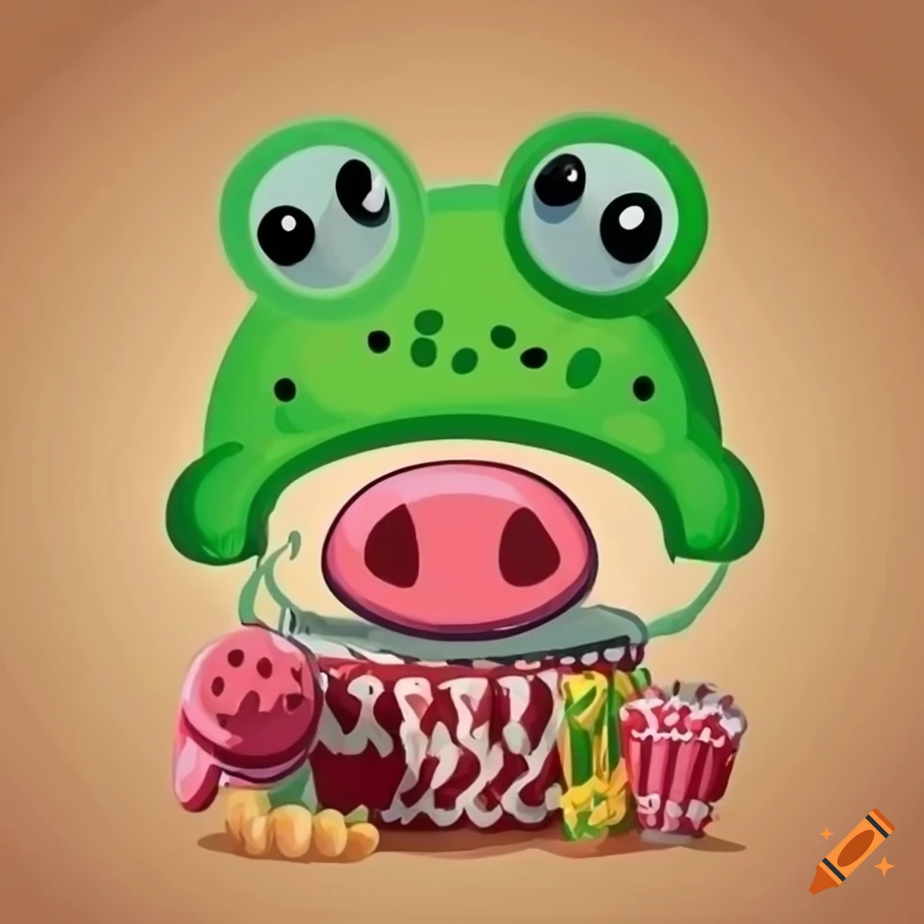 Adorable cartoon pig with frog-shaped winter hat eating popcorn on Craiyon