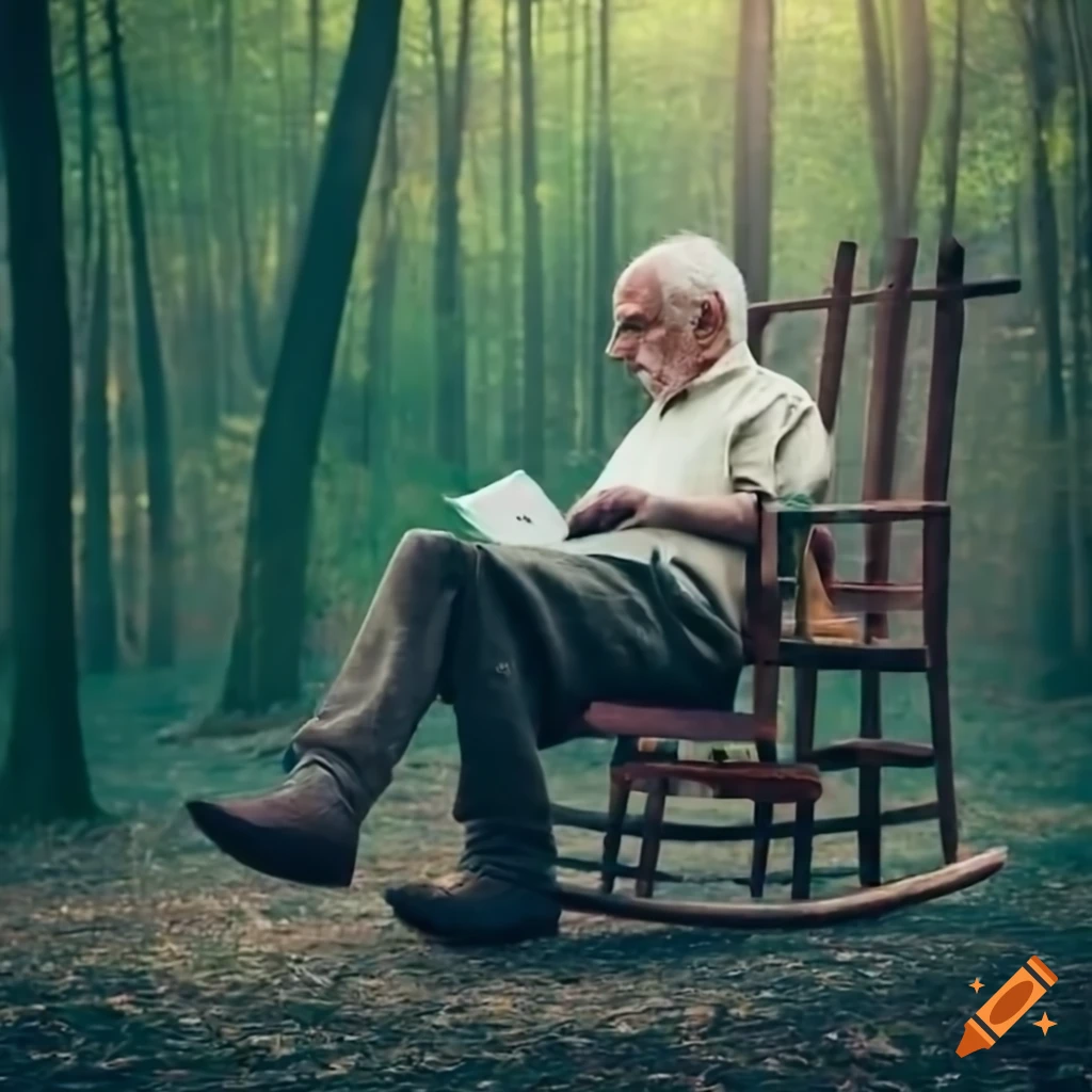 Elderly man reading a book on a rocking chair in the woods on Craiyon